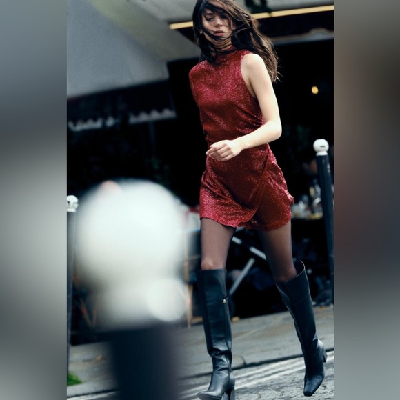 Zara | Dresses | Zara Red Sparkle Mini Dress One Sleeve | Poshmark